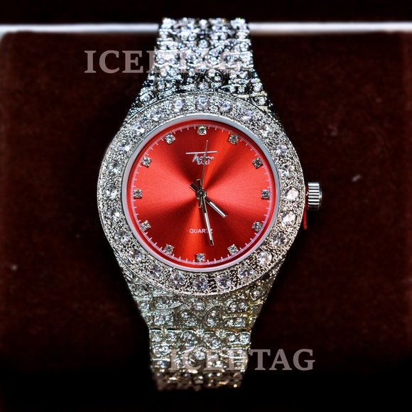 Accessories | Full Iced Out Red Face Dial Mens Luxury Watch | Poshmark